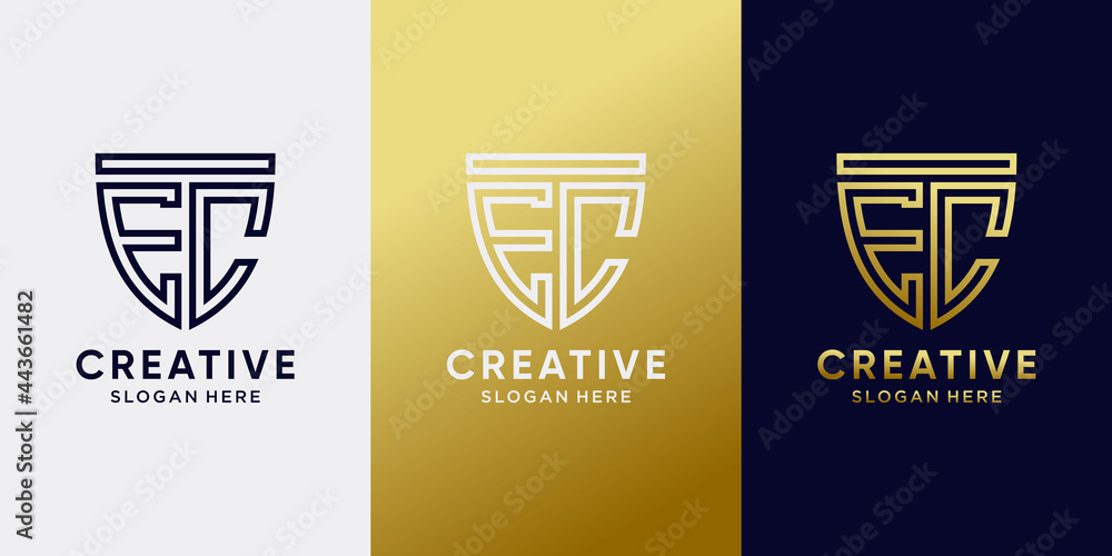 Shield logo design initial letter EC with line art style and creative ...