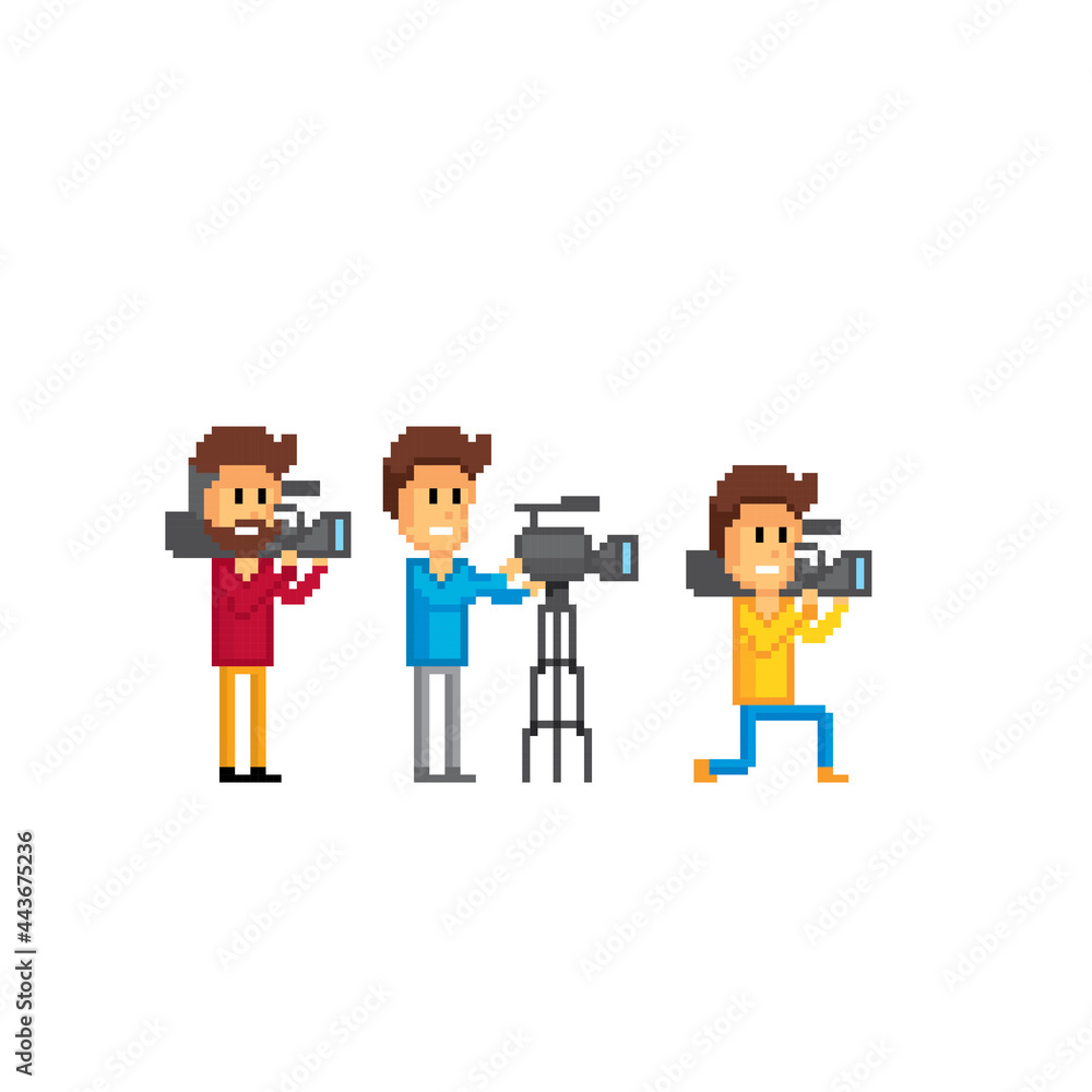 Cameraman and camera, reporter, interview. Pixel art. Old school ...