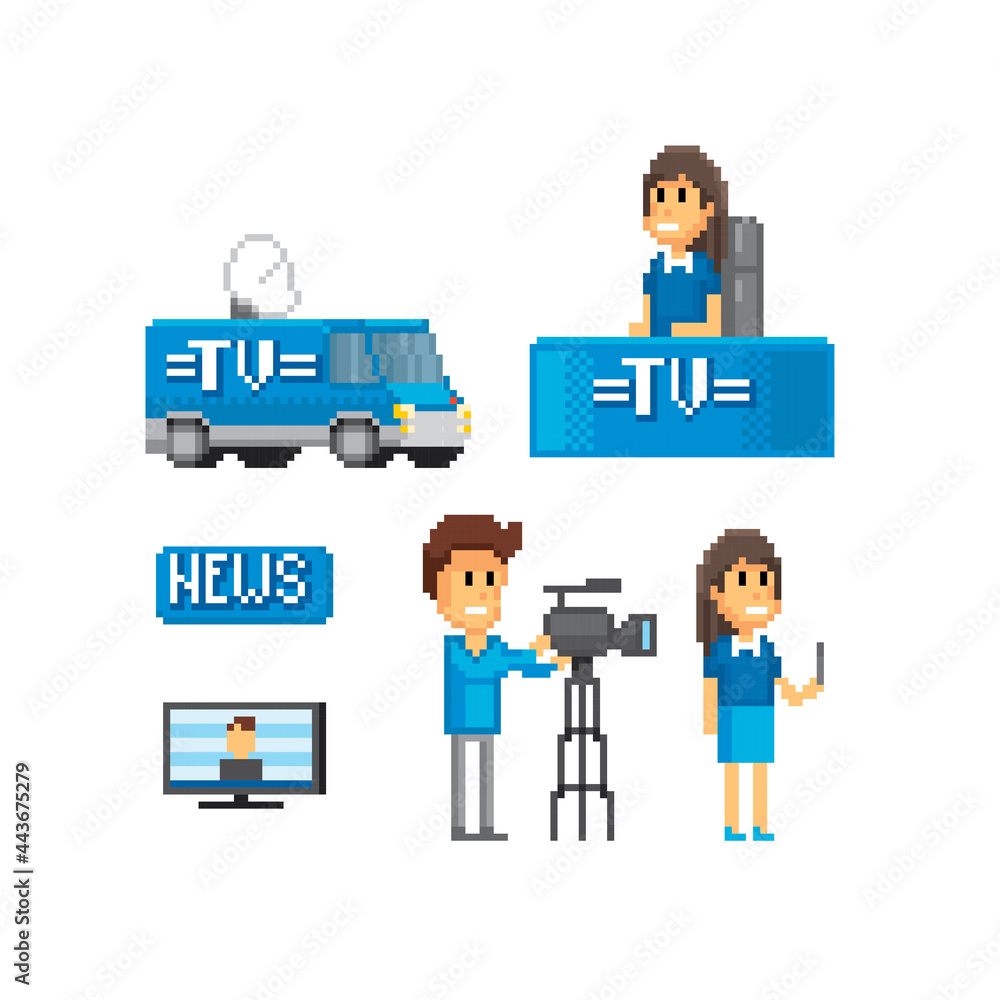 TV news icon set.Pixel art. Old school computer graphic. 8 bit video ...