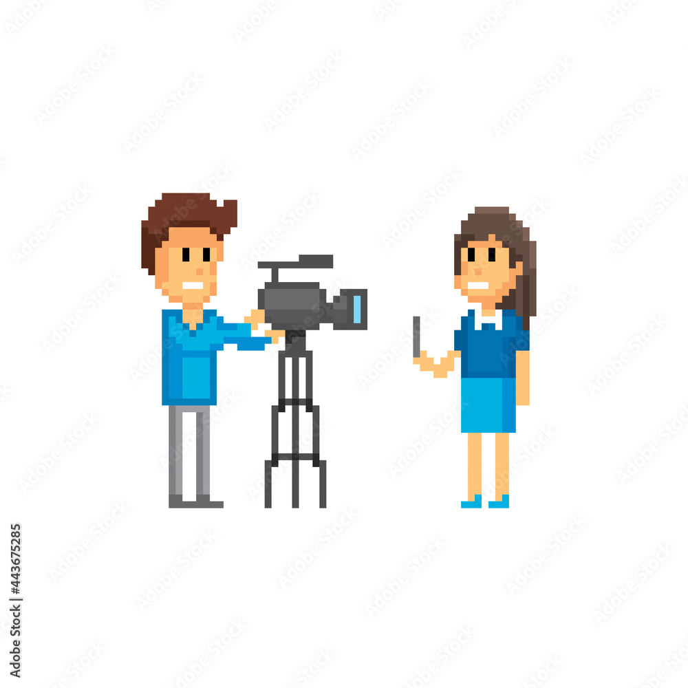Cameraman and camera, reporter, interview. Pixel art. Old school ...