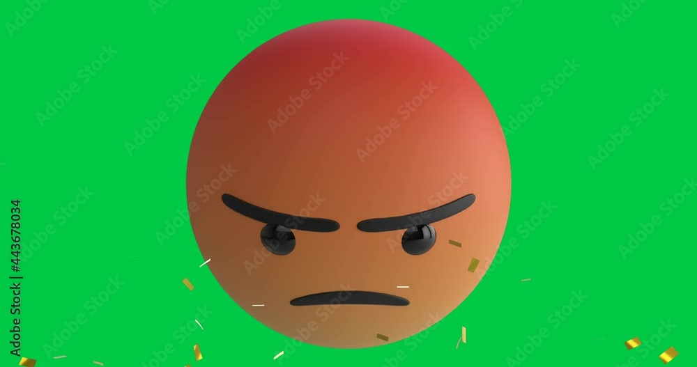 Animation of angry emoji icon on green screen background with confetti ...