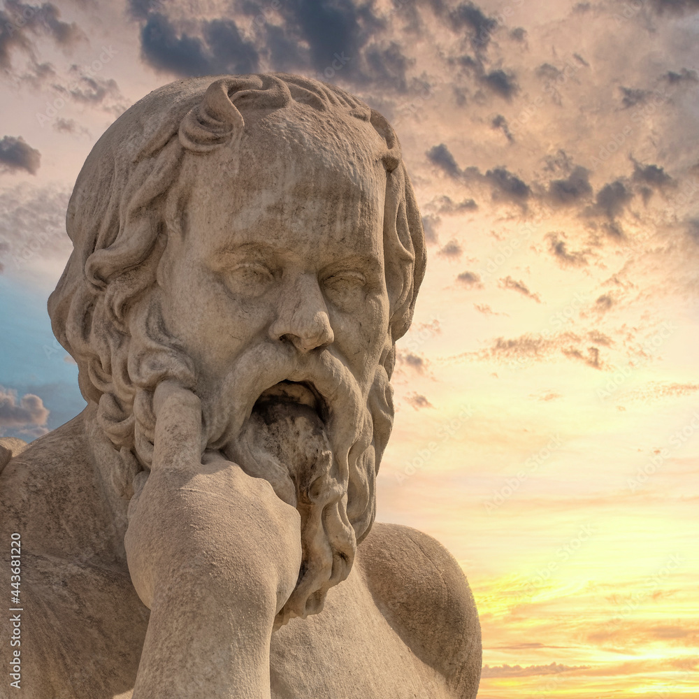 Socrates, the ancient Greek philosopher statue under dramatic sky ...