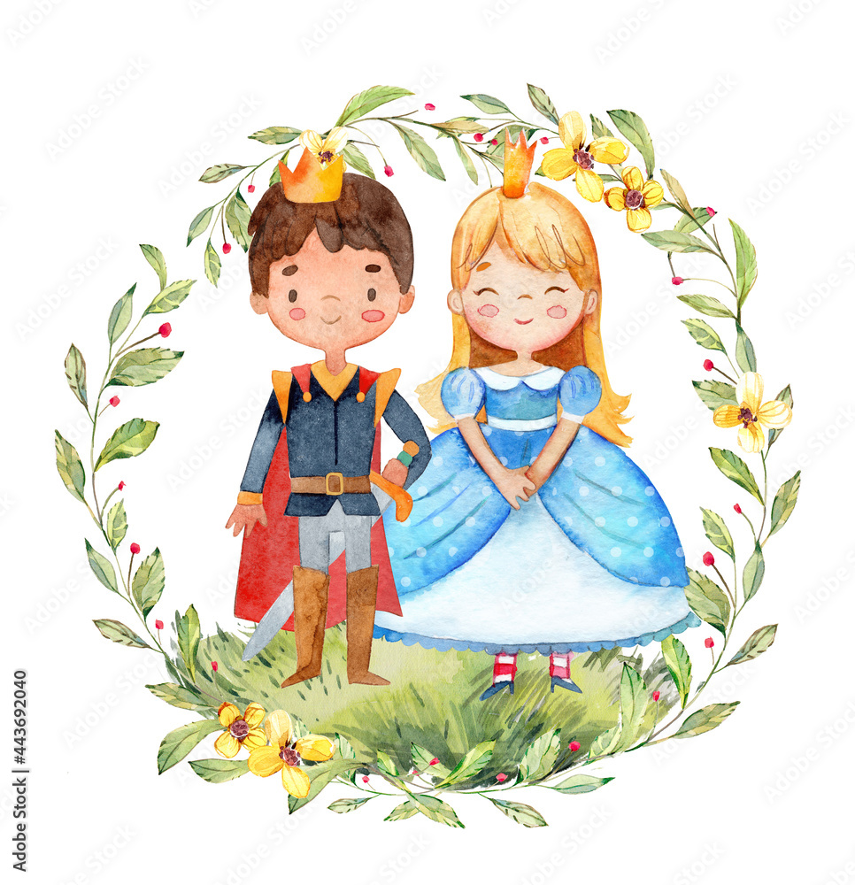 Watercolor illustration of a cute little prince and princess in a blue ...