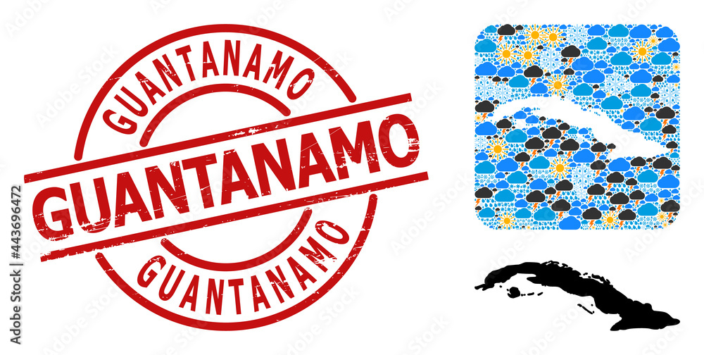 Climate mosaic map of Cuba, and textured red round Guantanamo stamp ...
