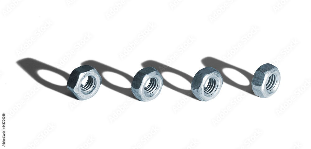 Four female screws with shadow on white background, isolated, closeup ...