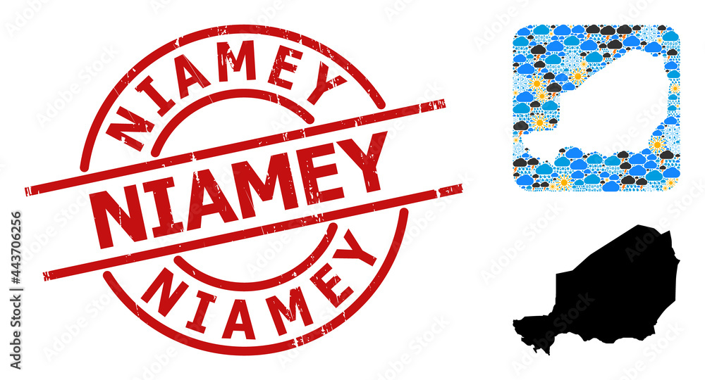 Climate pattern map of Niger, and grunge red round Niamey stamp ...