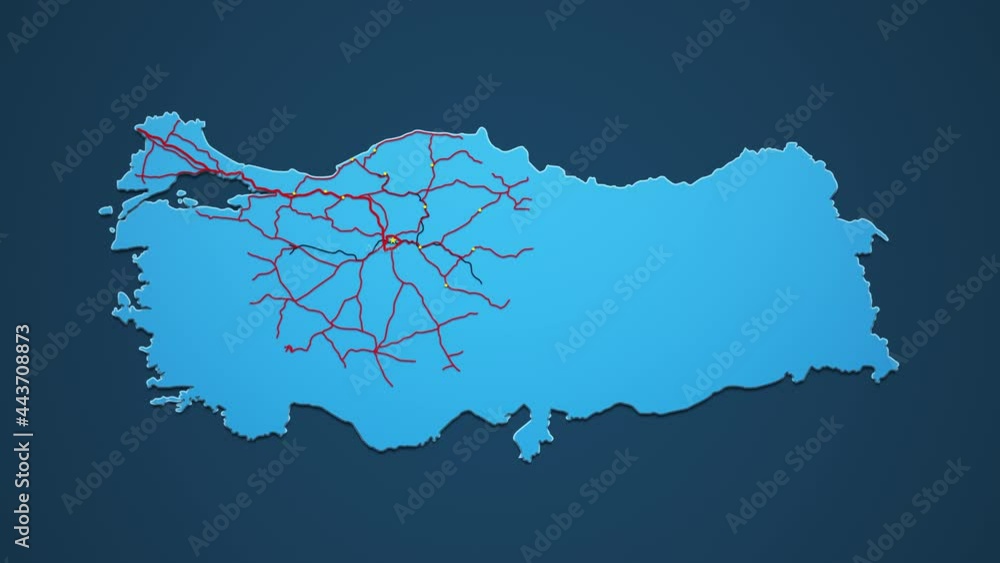 Light Blue map of Turkey with cities, roads and railways on a dark blue ...
