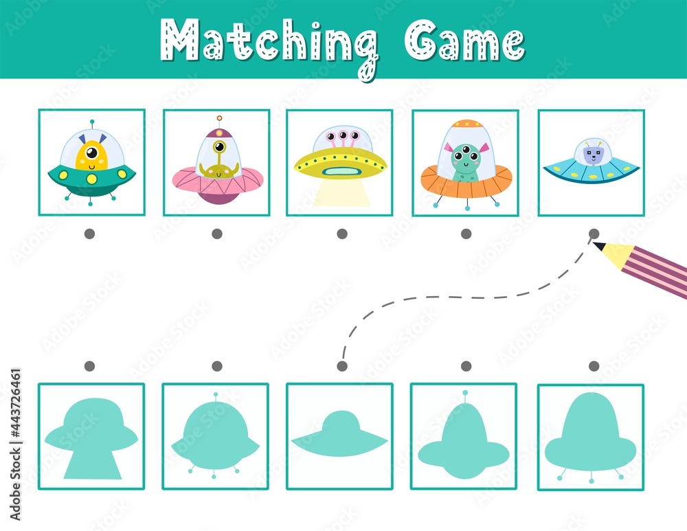 Find the correct shadow matching game with cute aliens in flying ...