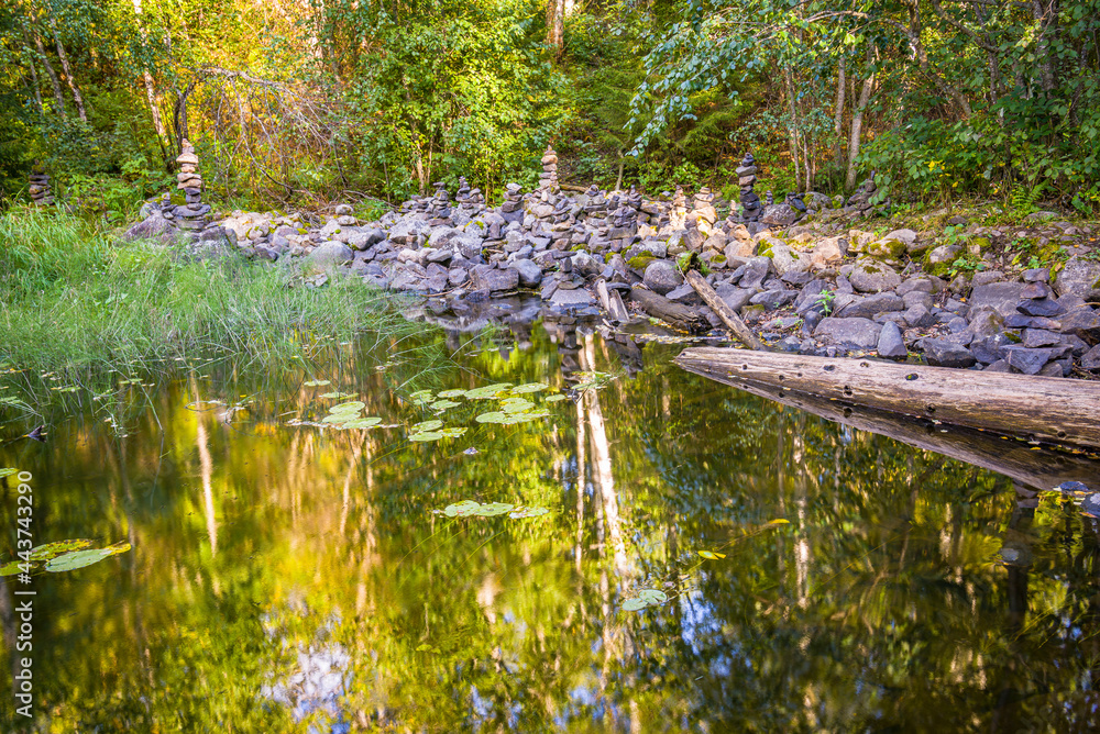 A Suna river overflow just before Kivach waterfall with multiple stone ...