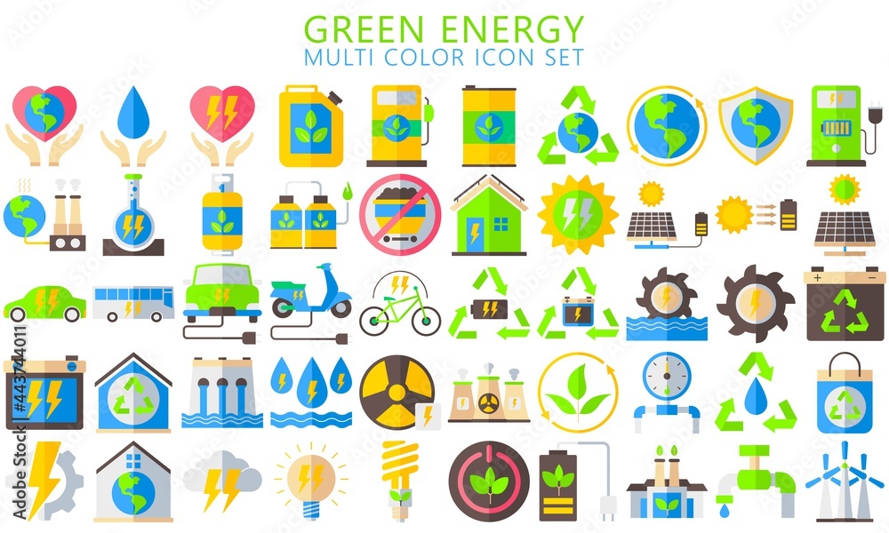 Green Energy and power plant multi color icon set, Vector illustration ...