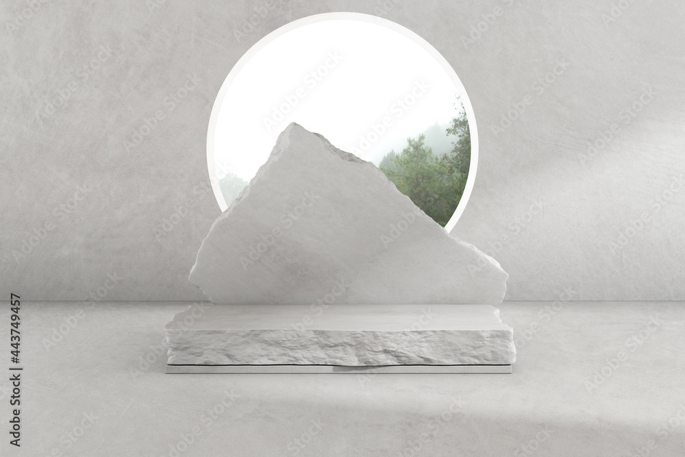 3d render of concrete room with large circle window and stone podium ...