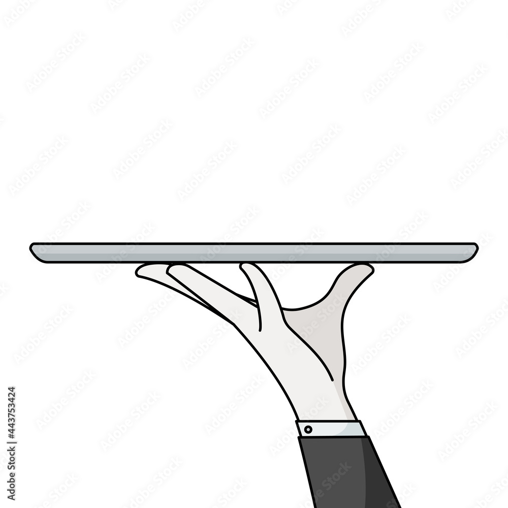 Elegant waiter hand holding empty serving tray for food. Vector flat ...