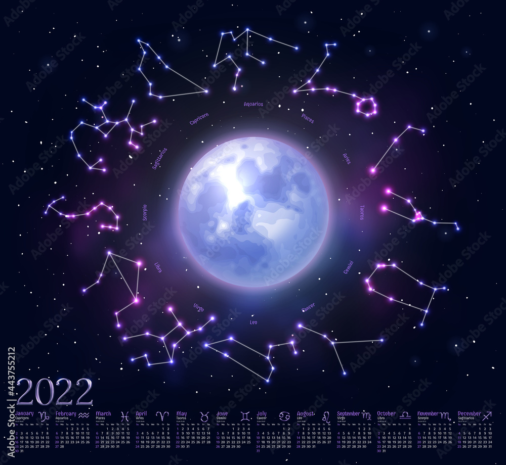Wall monthly calendar with glowing zodiac signs. 2022 week starts ...