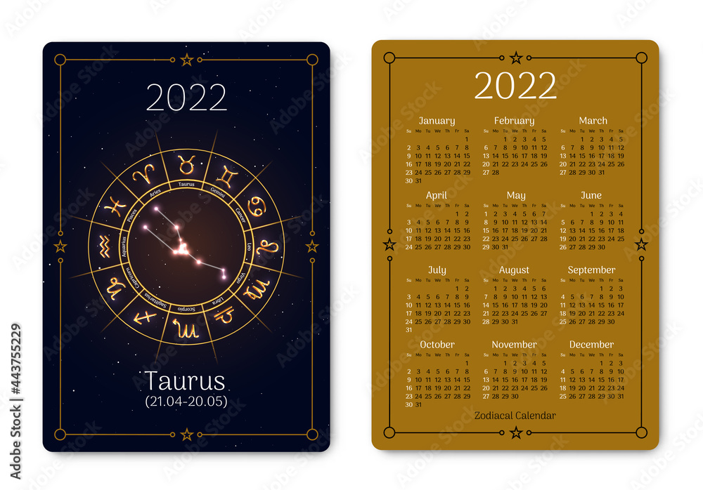 Taurus calendar of pocket size layout zodiac sign. 2022 year double ...