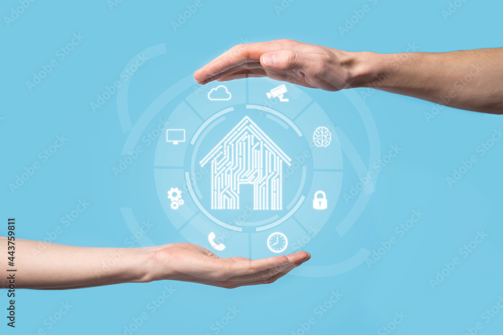 Hand hold house icon.Smart home controlled, intelligent house, and home ...