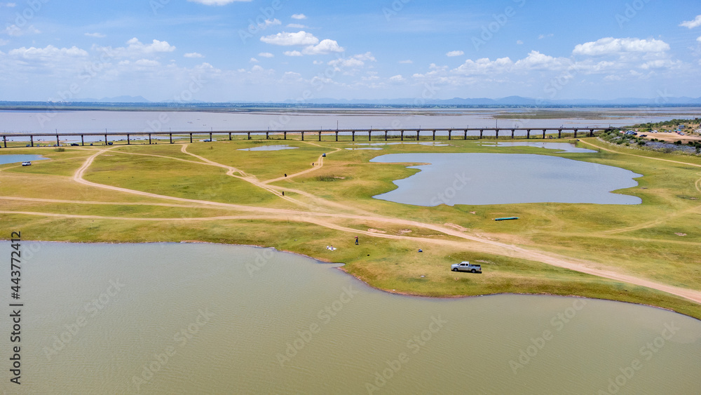 Aerial Unseen view of railroad tracks of floating Train bridge with ...