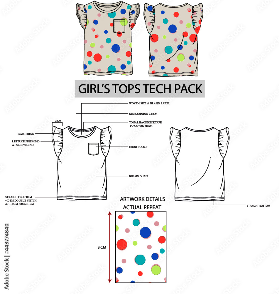 tech pack, tech pack, girls top's tech pack, t-shirt, technical details ...