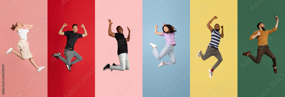 Portraits of group of people jumping isolated on colored background ...