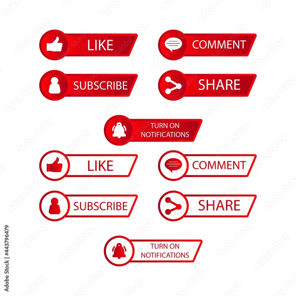 Subscriber button collection vector design. Red and white color subscriber button collection ...