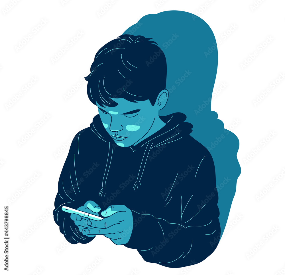 Young teenager boy uses his phone vector illustration isolated on white ...