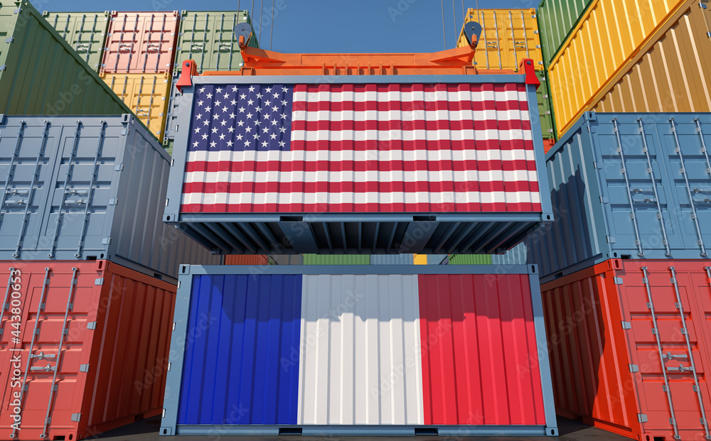 Container Terminal. Two cargo Container with France and USA flags. 3D ...