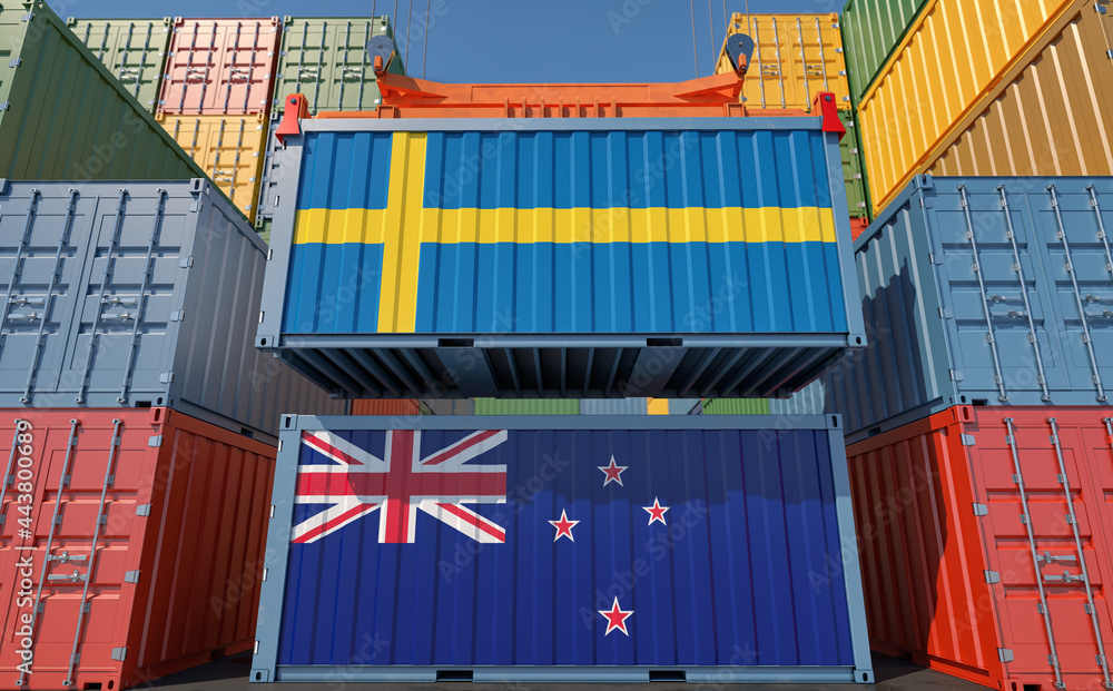 Container Terminal. Two cargo Container with Sweden and New Zealand ...