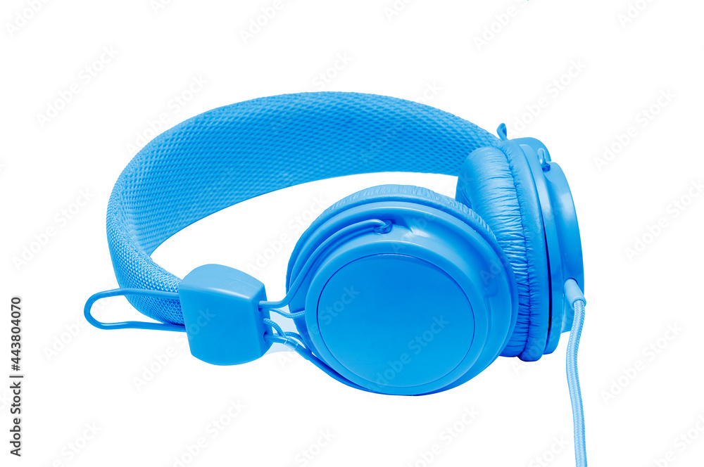 Neon blue over ear headphones isolated on a white background standing ...