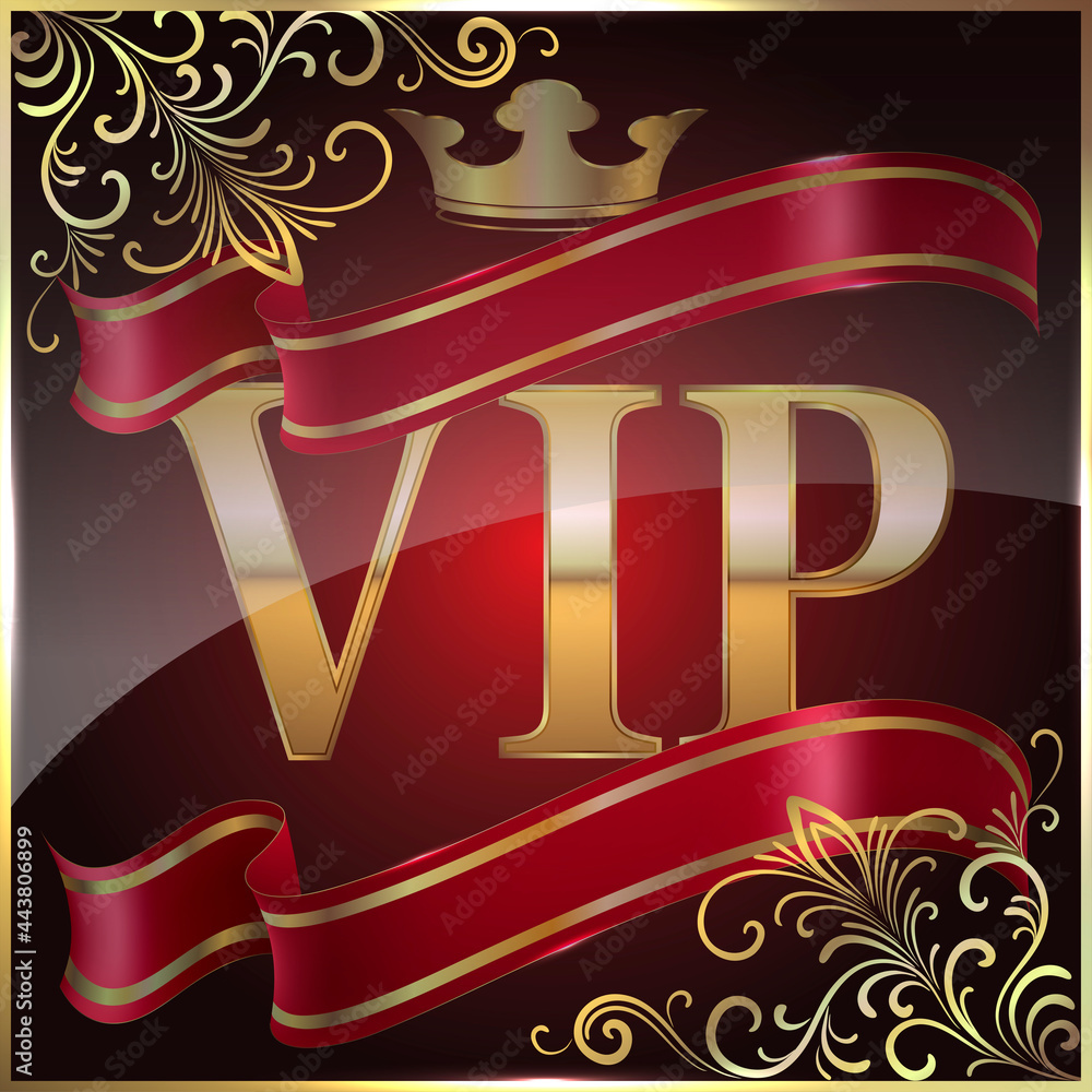 Luxury design template. Gold VIP badge or label on a red background ...