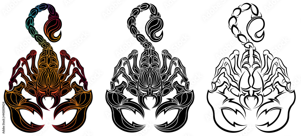 Three variants of the tattoo of a mythical abstract scorpion ...