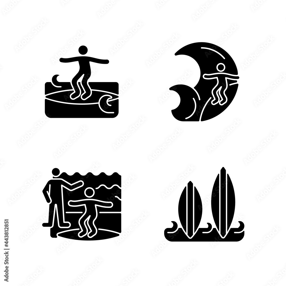 Surfboarding black glyph icons set on white space. Crumbly waves ...