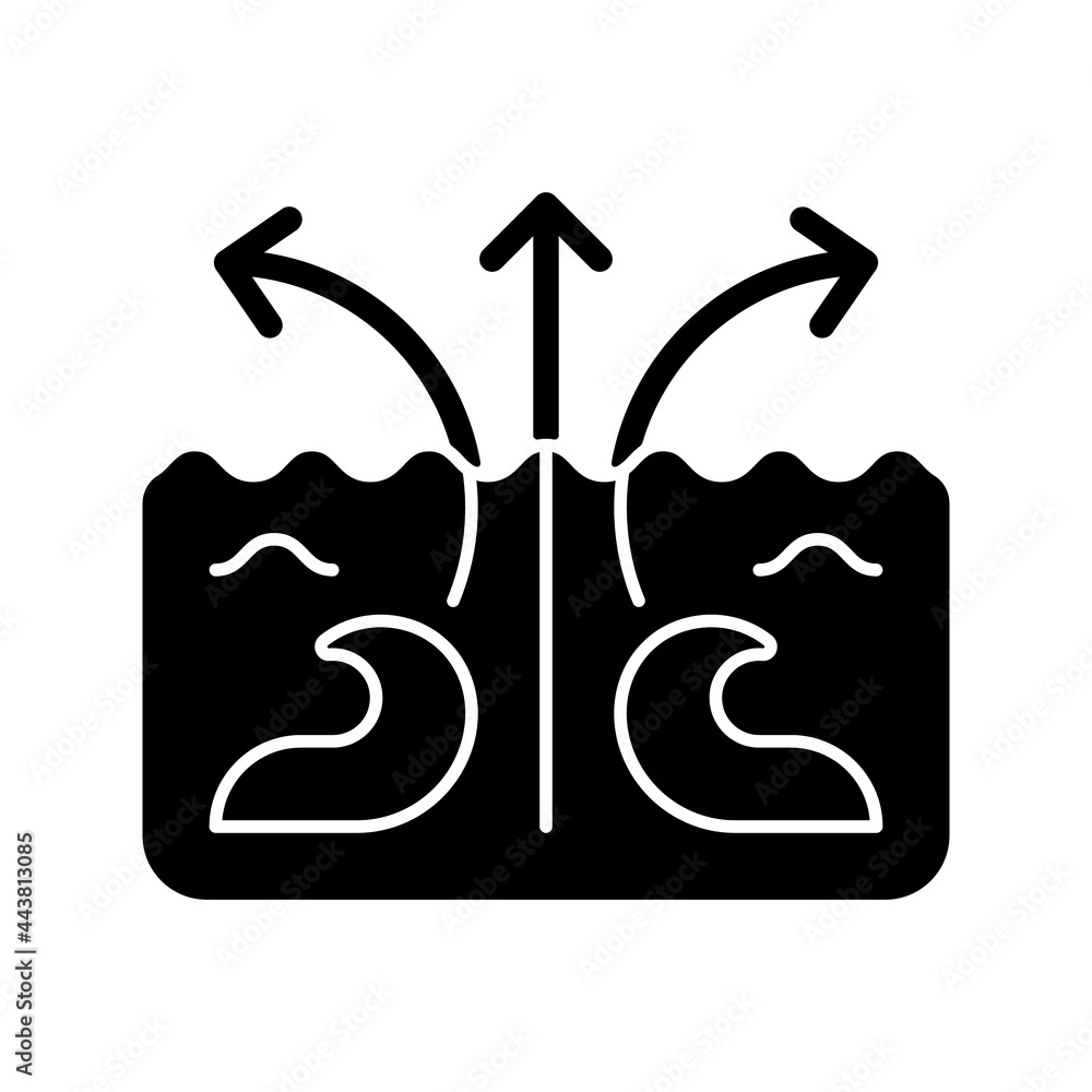 Rip current wave black glyph icon. Potential dangerous threat to surfer ...