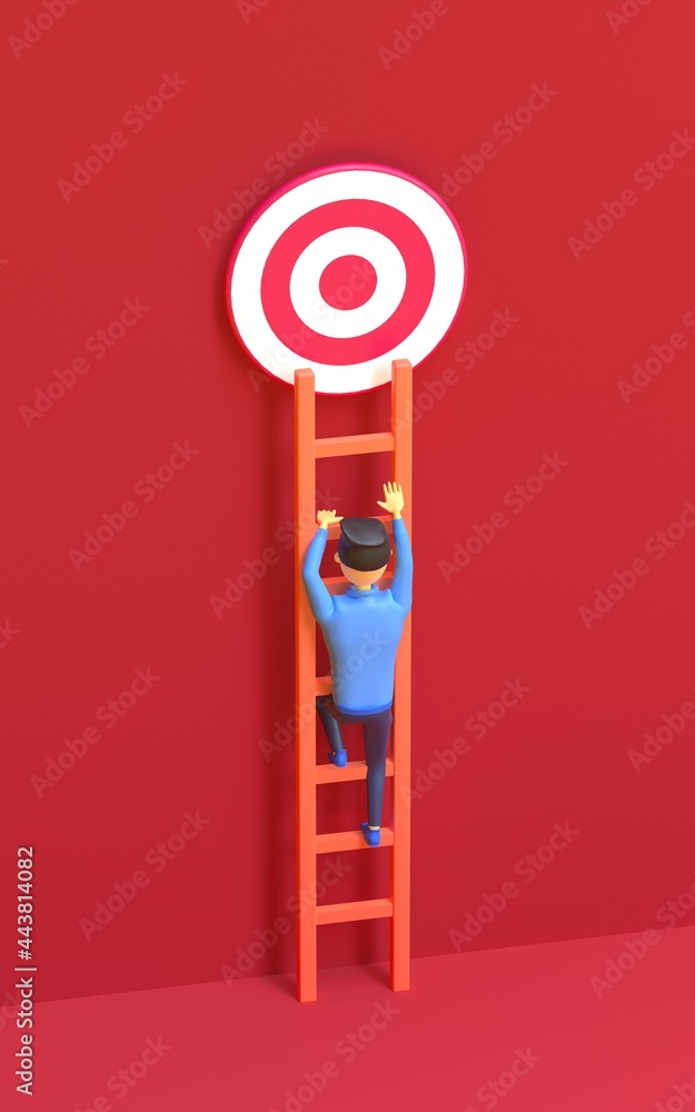 cartoon man climbs the ladder to achieve the goal. 3d render ...