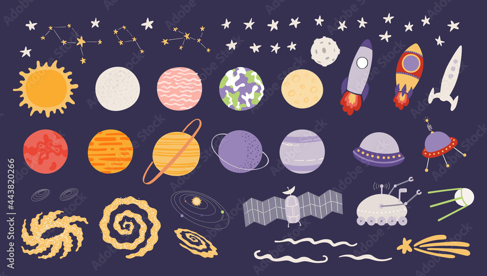 Cute space clipart set, Solar system planets, stars, spaceships ...
