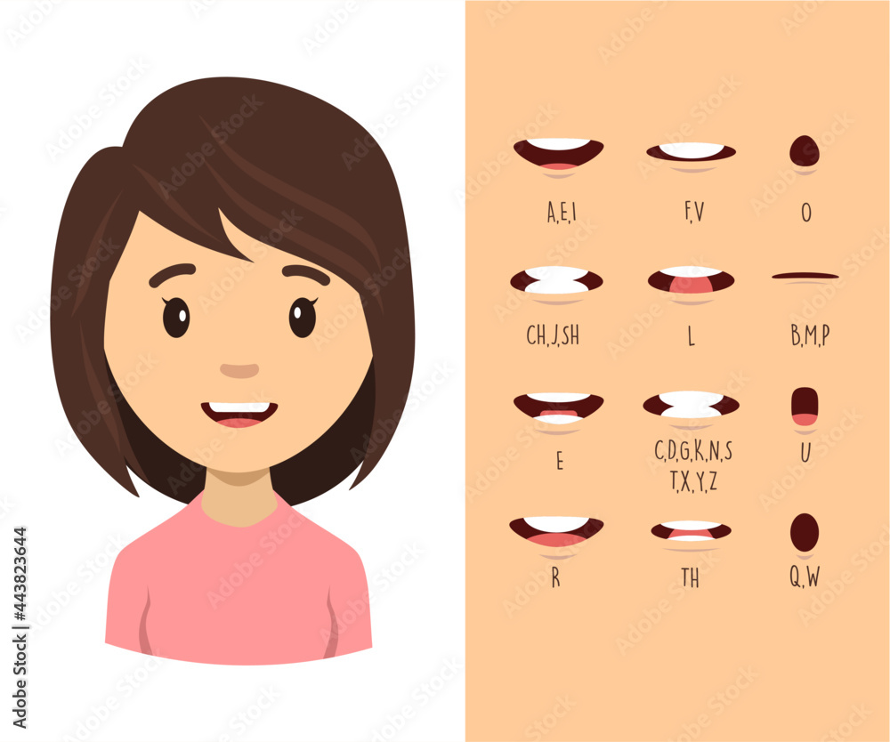 Stockvector young girl avatar and mouth animation. Phoneme mouth chart ...