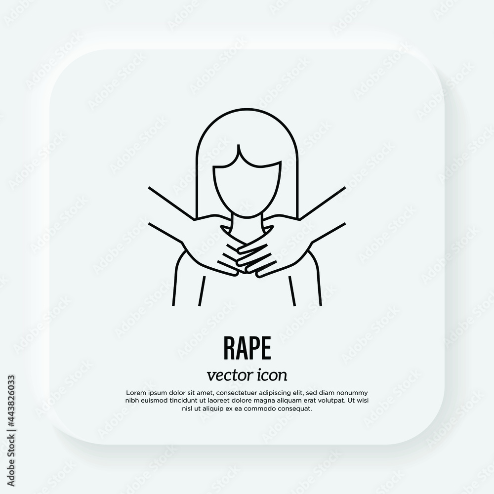 Victim of violence. Rape. Man hands strangle woman by neck. Abuser ...