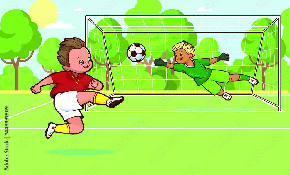 Two soccer players playing soccer on the field, scoring a goal .Vector ...