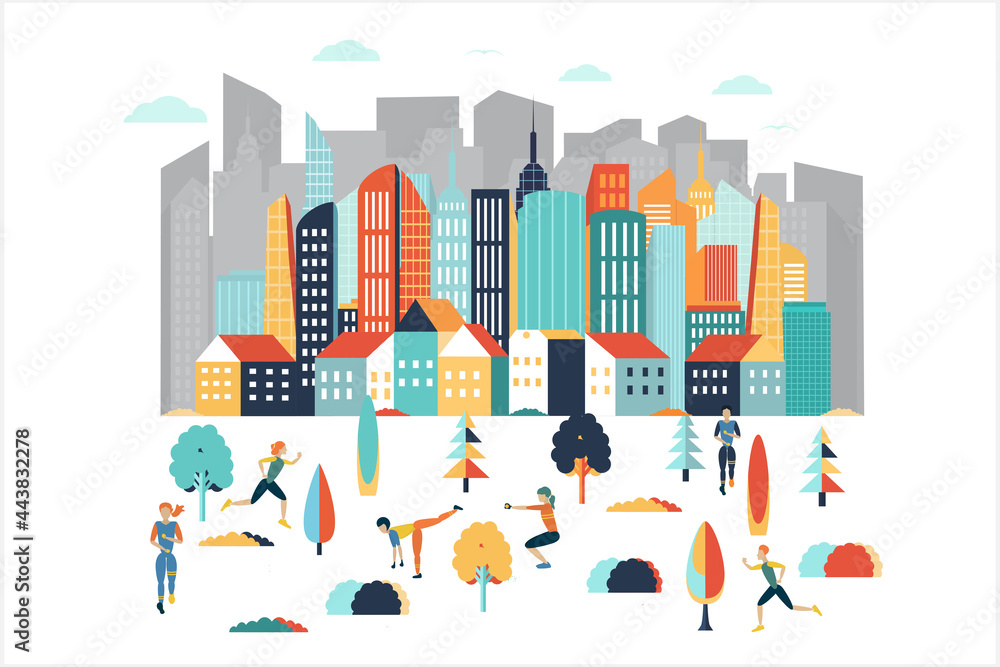 Vector poster with modern city view. Sports activities. Modern ...