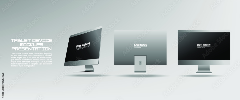 Realistic desktop mockup with black screen in different positions ...