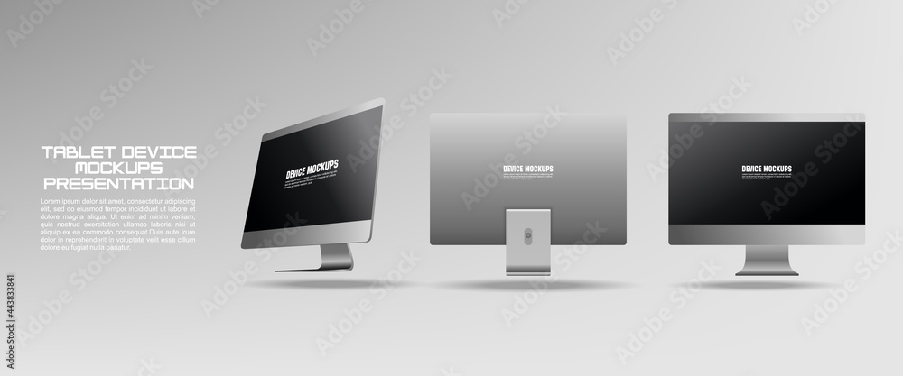 Realistic desktop mockup with black screen in different positions ...