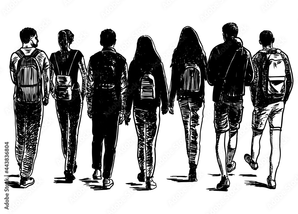 Vector drawing of group teen students walking together outdoors Stock ...