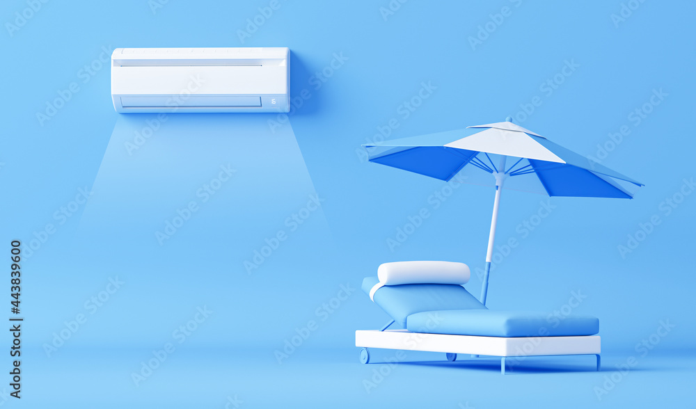 White air conditioner and umbrella, beach chair on blue background ...