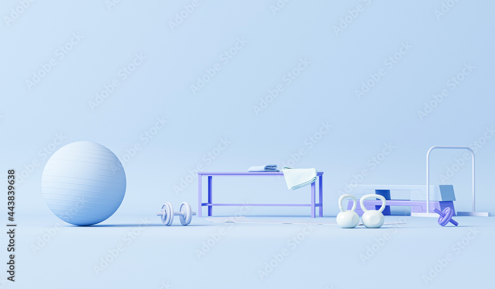 Fitness ball, weights and water bottle.Pastel blue and purple colors ...