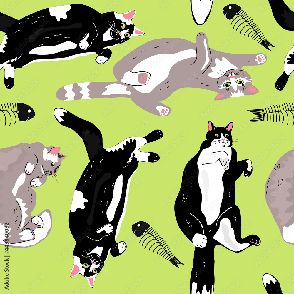Drawing happy cats seamless pattern.Vector kids background.Funny lying ...