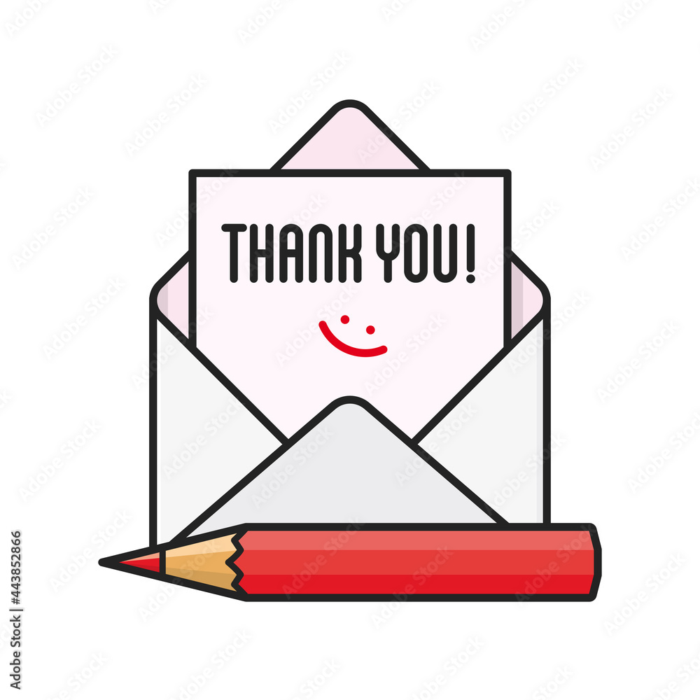 Thank you note in envelope with red pencil isolated vector illustration ...
