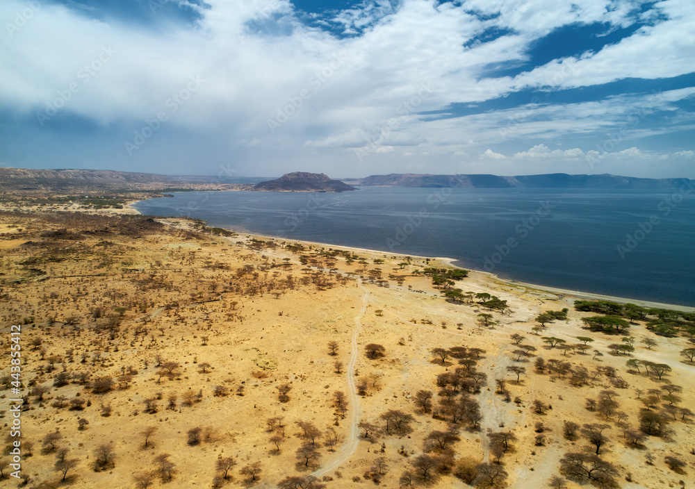 Aerial view of the shore of lake Tana, one from the Great African Rift ...