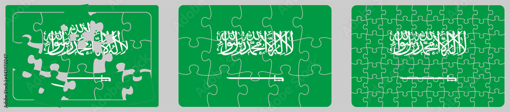 Saudi Arabia kingdom flag made out of puzzle pieces, different versions ...