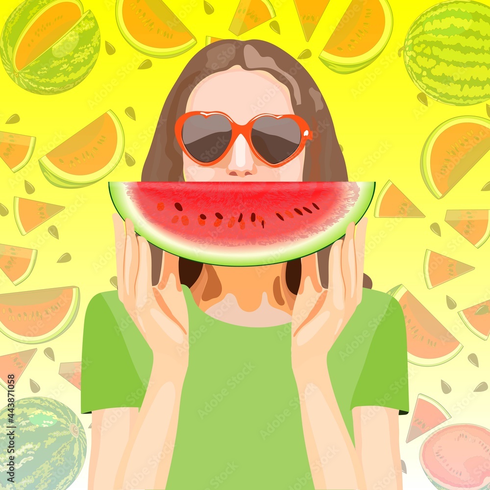 Watermelon day. Girl with slice of watermelon for banners, flyers ...