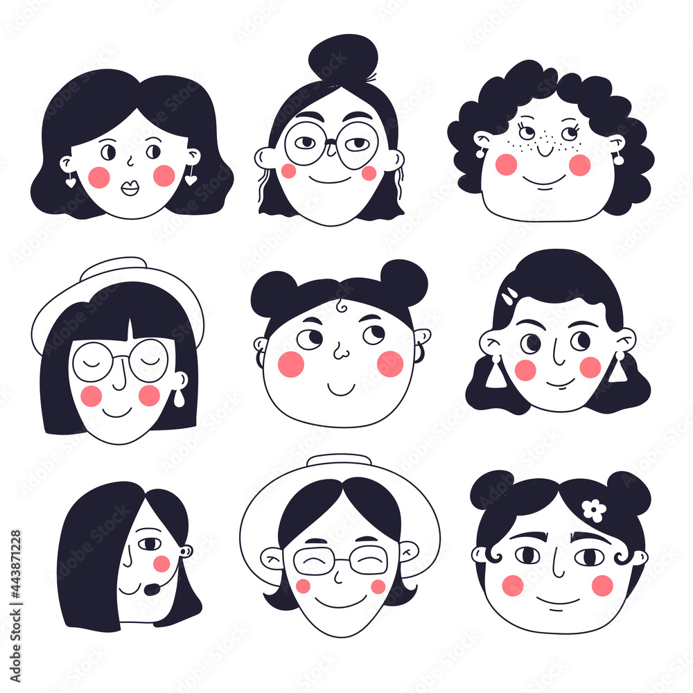 Cute female characters faces portraits vector set Stock Vector | Adobe ...