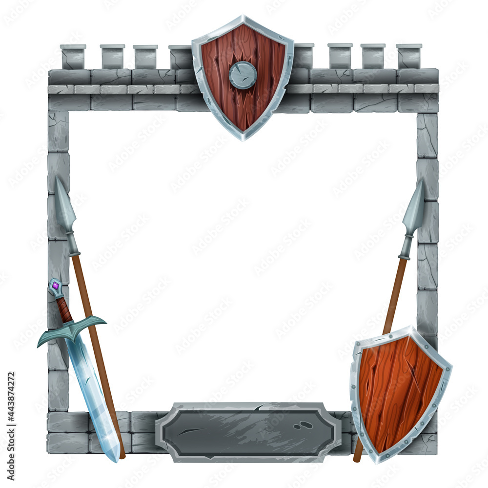 Game stone UI frame, vector medieval castle interface element, wooden ...