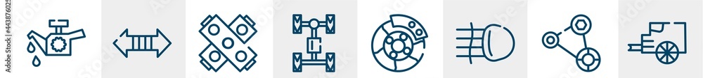 car parts line icons such as car oil pump, car indicator, gasket, axle ...